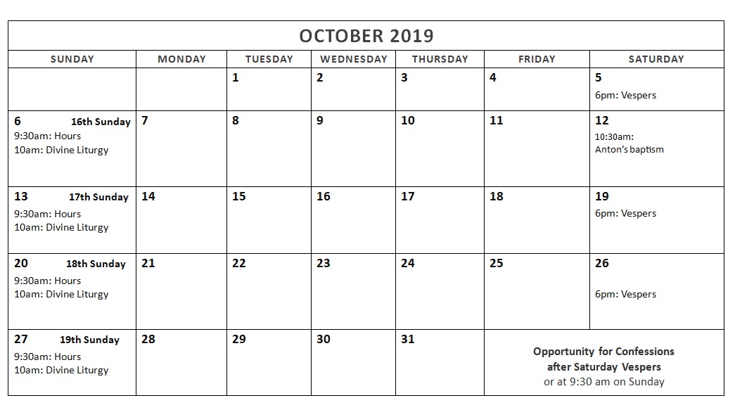 October 2019 schedule – Saint Innocent Orthodox Church
