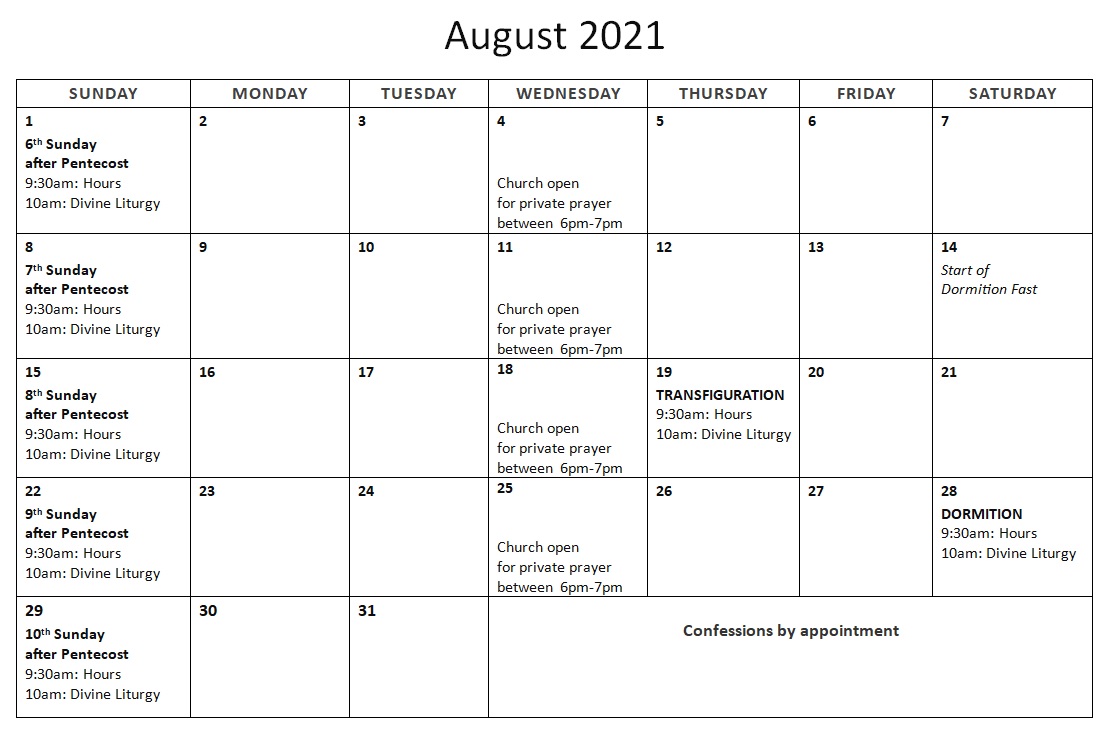 August 2021 schedule – Saint Innocent Orthodox Church
