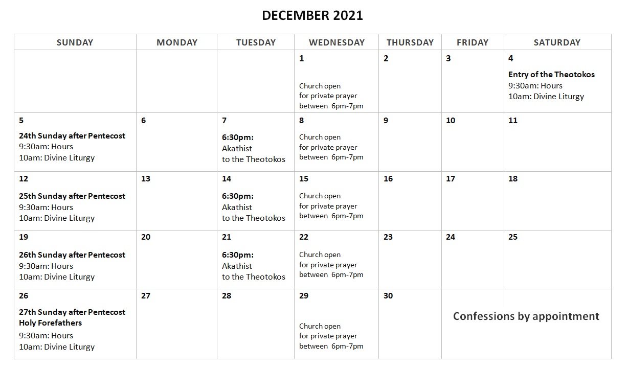 December 2021 schedule – Saint Innocent Orthodox Church