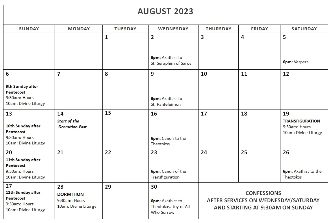 August 2023 schedule – Saint Innocent Orthodox Church