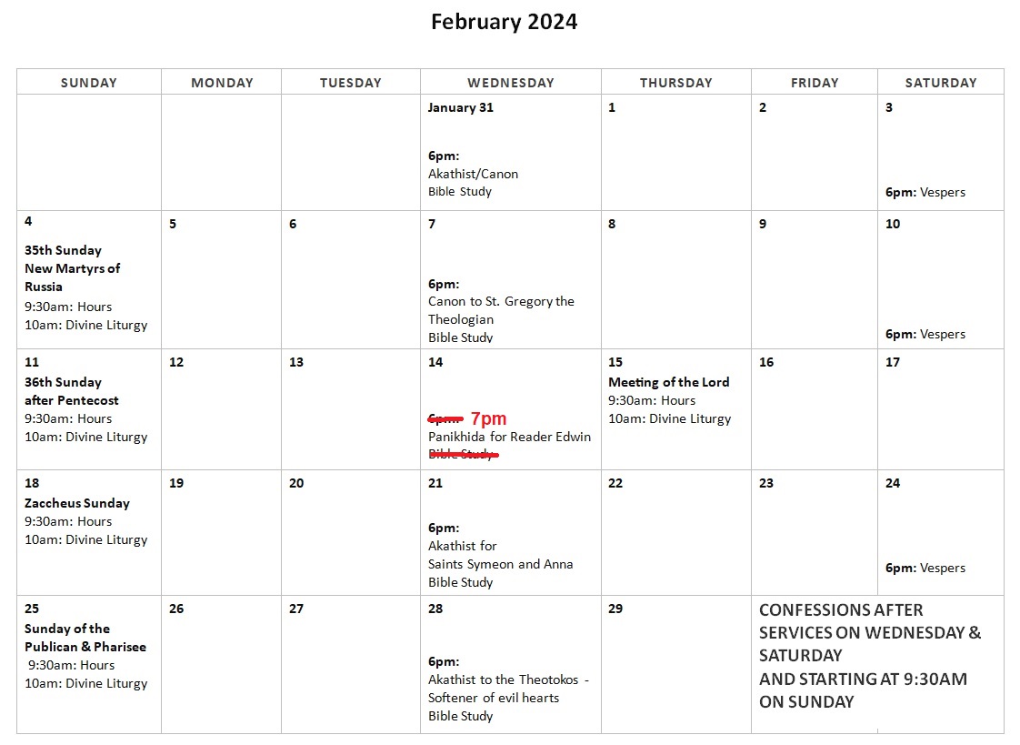 February 2024 schedule – Saint Innocent Orthodox Church