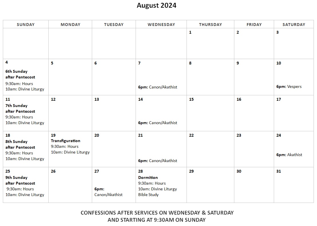 August 2024 schedule – Saint Innocent Orthodox Church