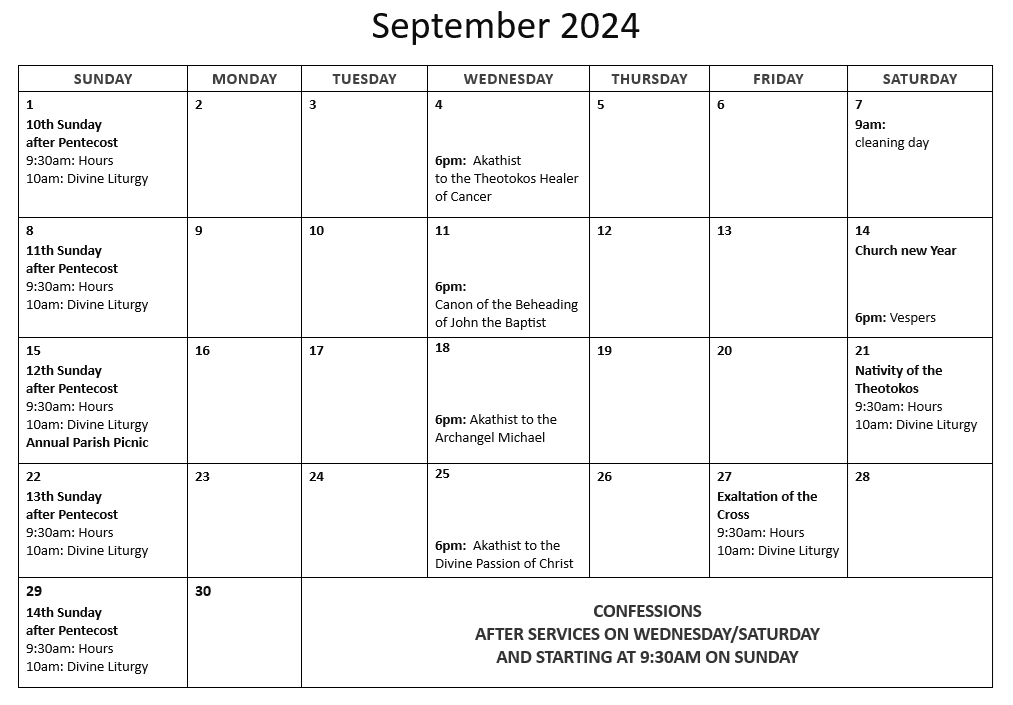 September 2024 schedule – Saint Innocent Orthodox Church